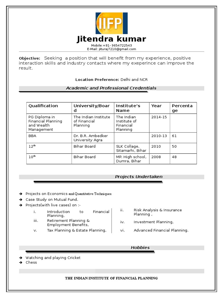 Financial Planning Resume of Jitendra Kumar | PDF | Career & Growth