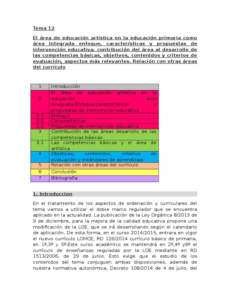 Tema 12 Oposiciones Primaria | PDF | Educación en artes visuales | Plan ...