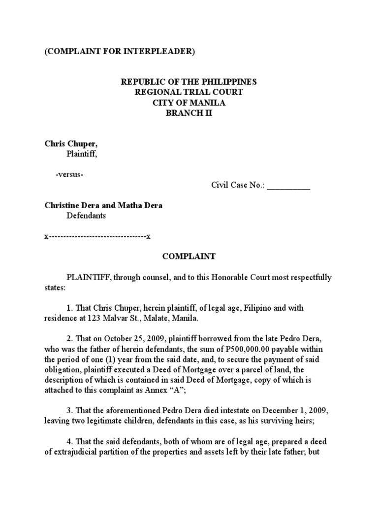 Complaint For Interpleader | PDF | Mortgage Law | Lawsuit