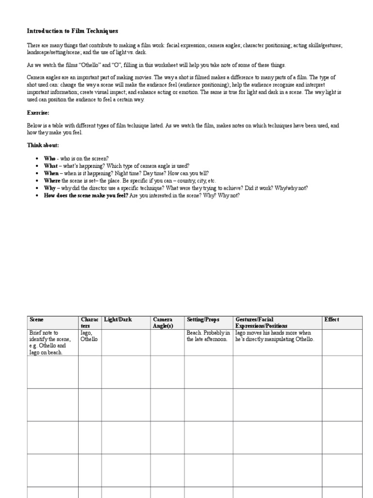 Film Techniques Analysis Worksheet | PDF | Games & Activities