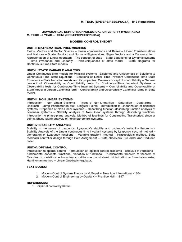 Modern Control Theory r13 | PDF | Optimal Control | Control Theory