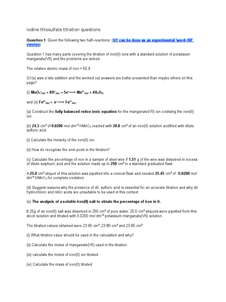 Iodine Thiosulfate Titration Questions | PDF | Redox | Titration