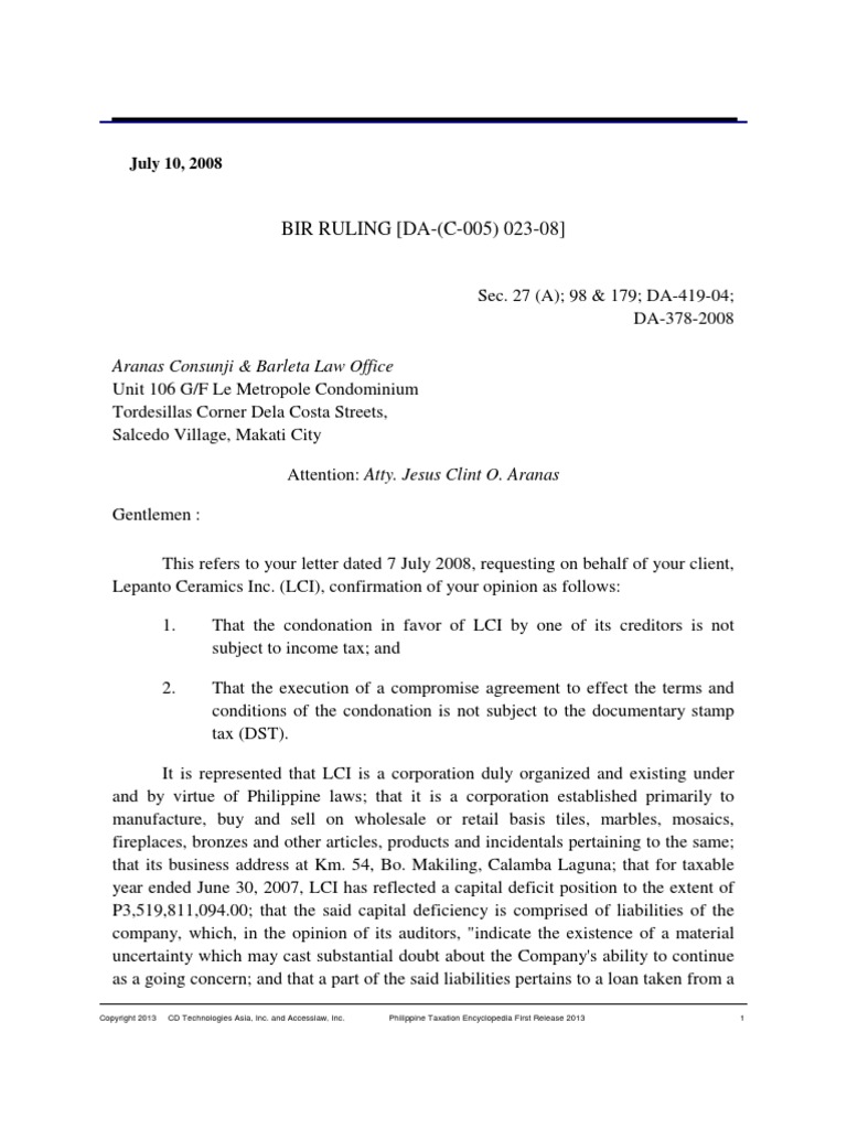 BIR Ruling (DA - (C-005) 023-08) (Condonation of Debt) | PDF | Tax Deduction | Debt