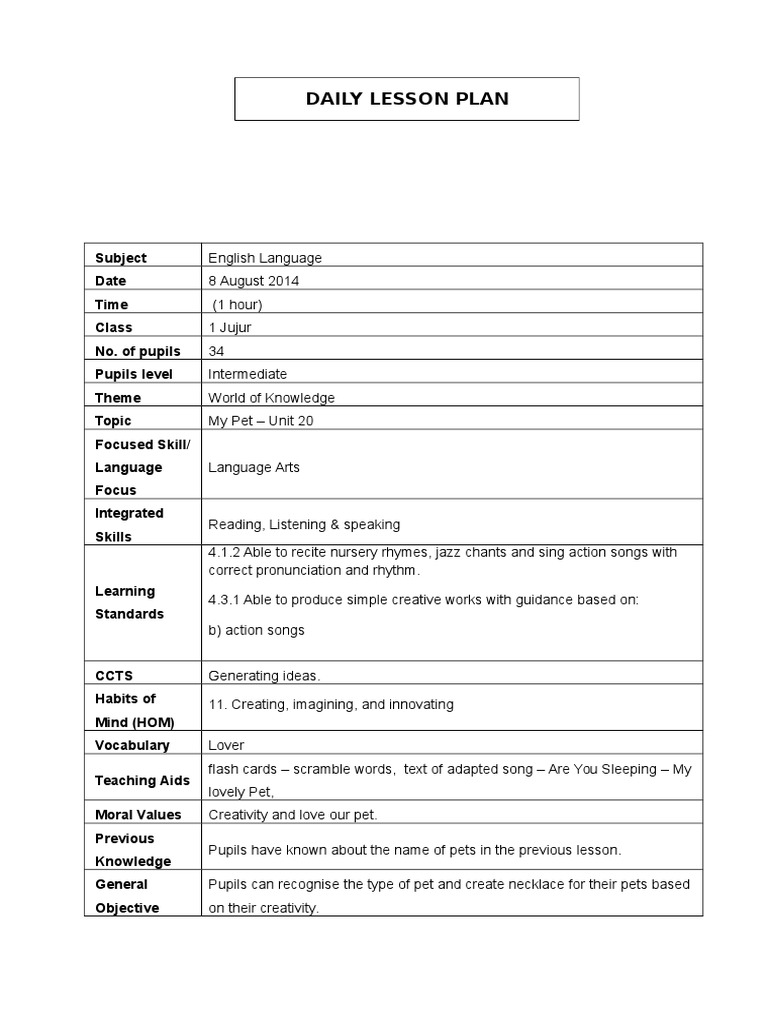 My Pet_lesson Plan | Lesson Plan | Pedagogy