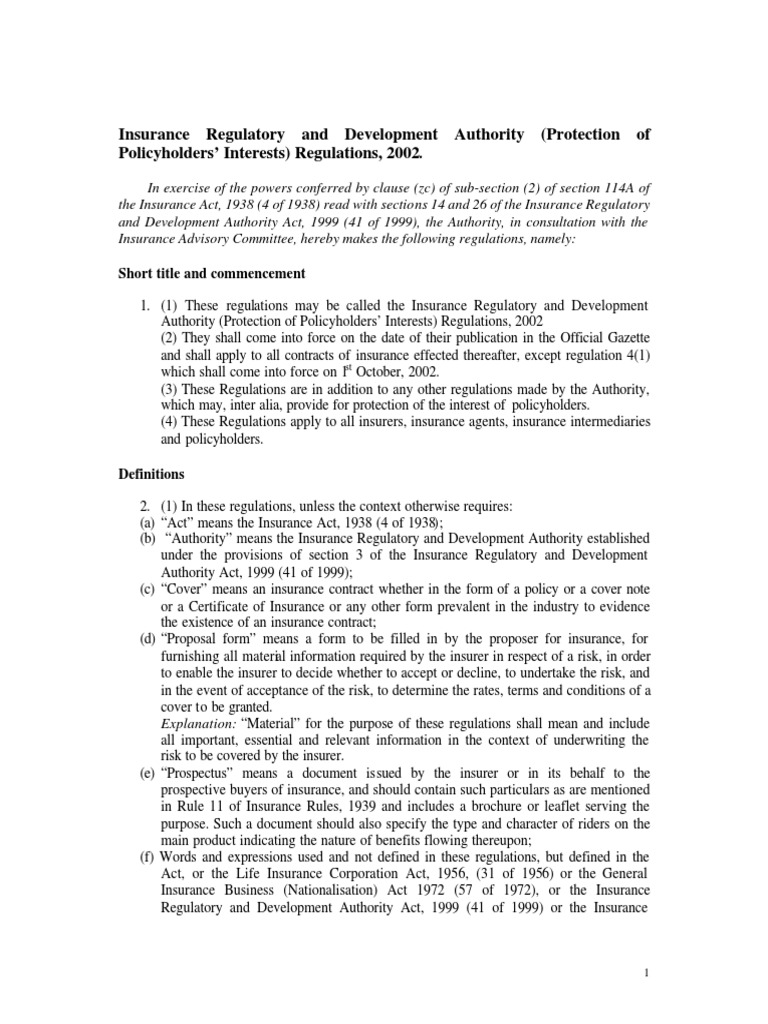 Irda Protection of Policyholders Interests Regulations | PDF ...