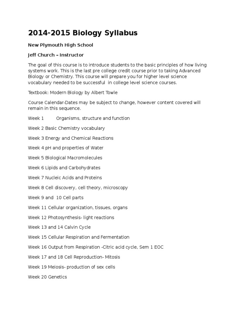 2014 Biology Syllabus Nphs | PDF