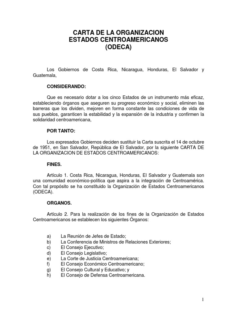 Carta de la ODECA: Integración Centroamericana | PDF