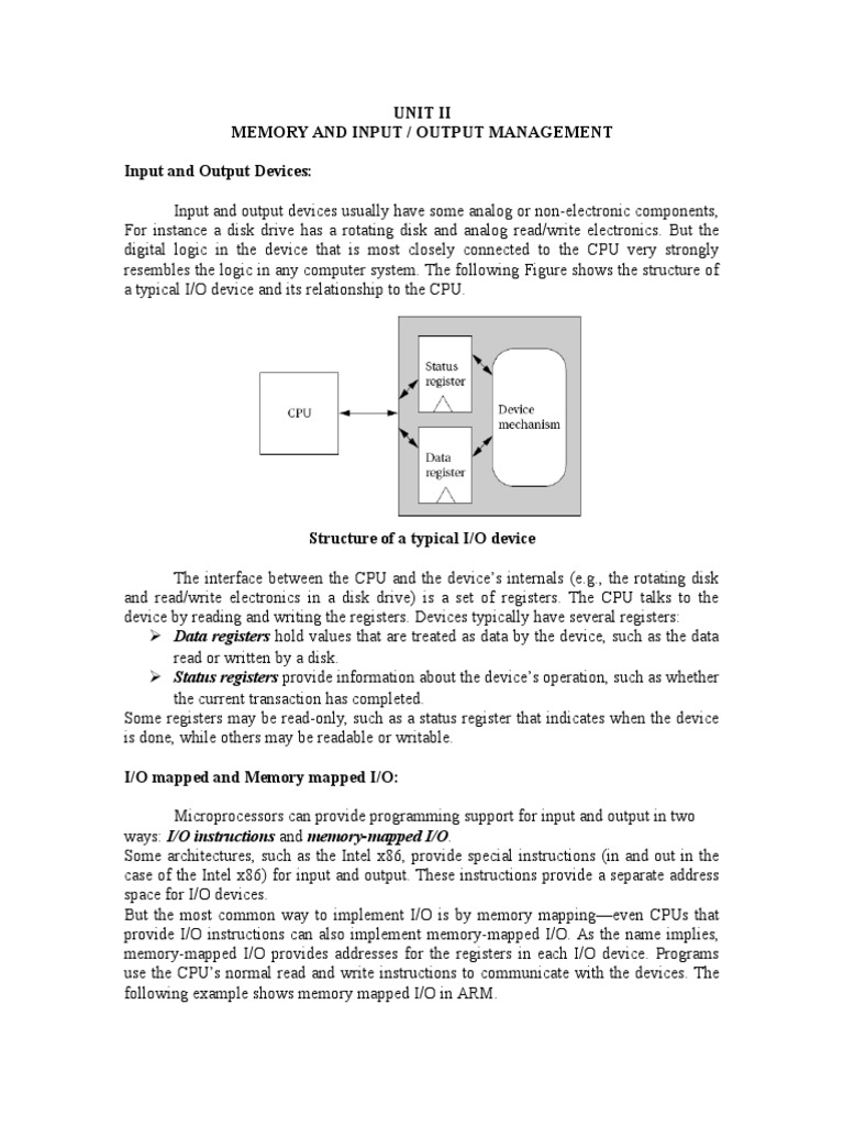 Unit Ii Memory And Input Output Management Input And Output Devices Pdf Input Output