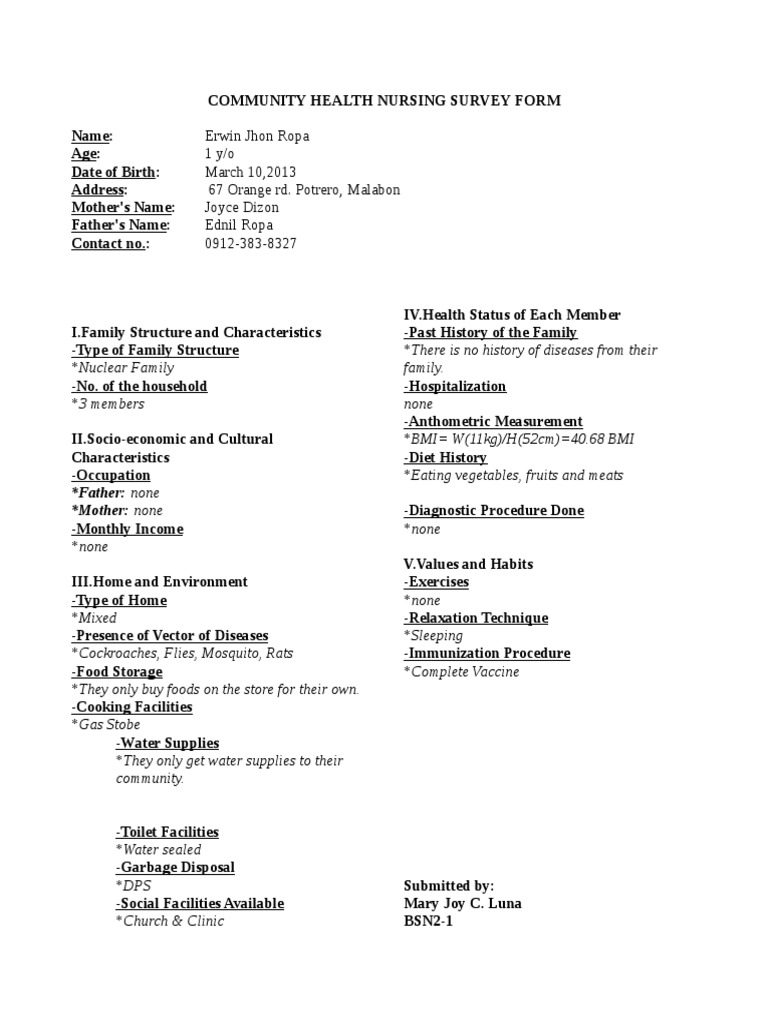 Community Health Nursing Survey Form | PDF | Wellness