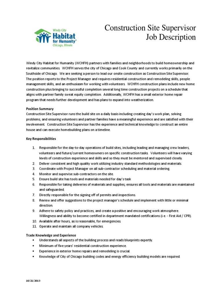 Construction Site Supervisor Overview | PDF | Project Manager | Employment