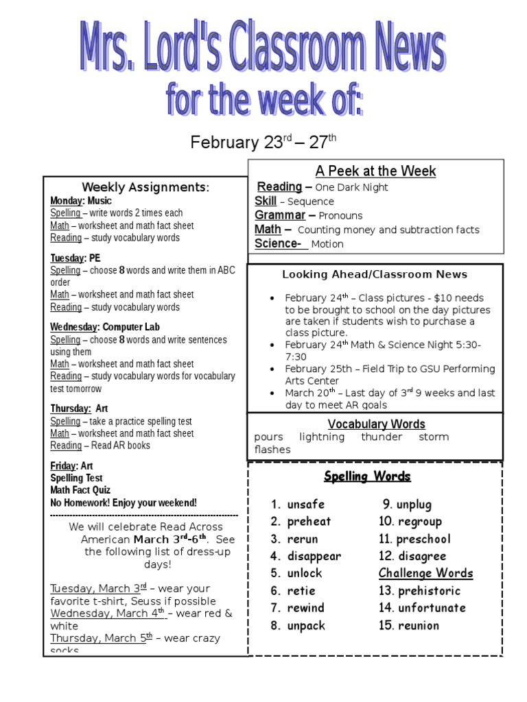 Weekly Assignments and Events Overview | PDF | Language Arts & Discipline