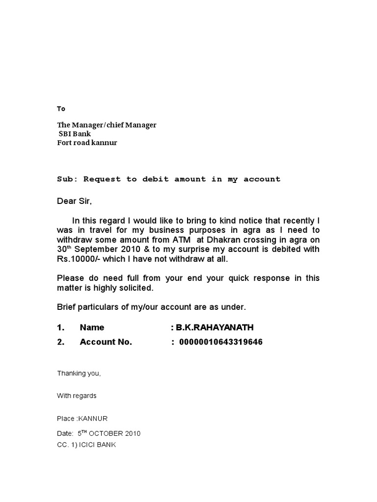 Sub: Request To Debit Amount in My Account: The Manager/chief Manager ...
