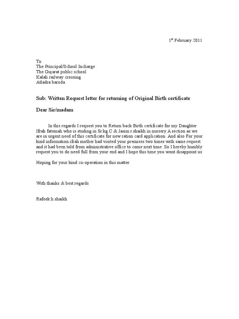 Sub: Written Request Letter For Returning of Original Birth Certificate ...