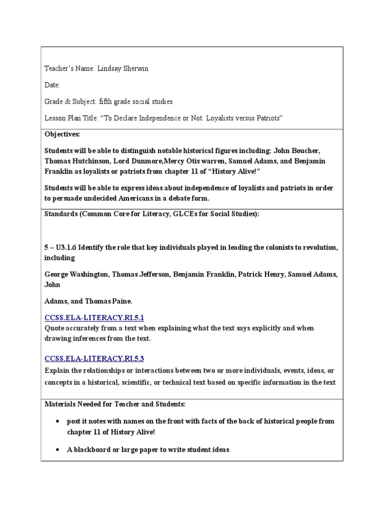 Patriot or Loyalist Lesson Plan | PDF | Patriot (American Revolution ...