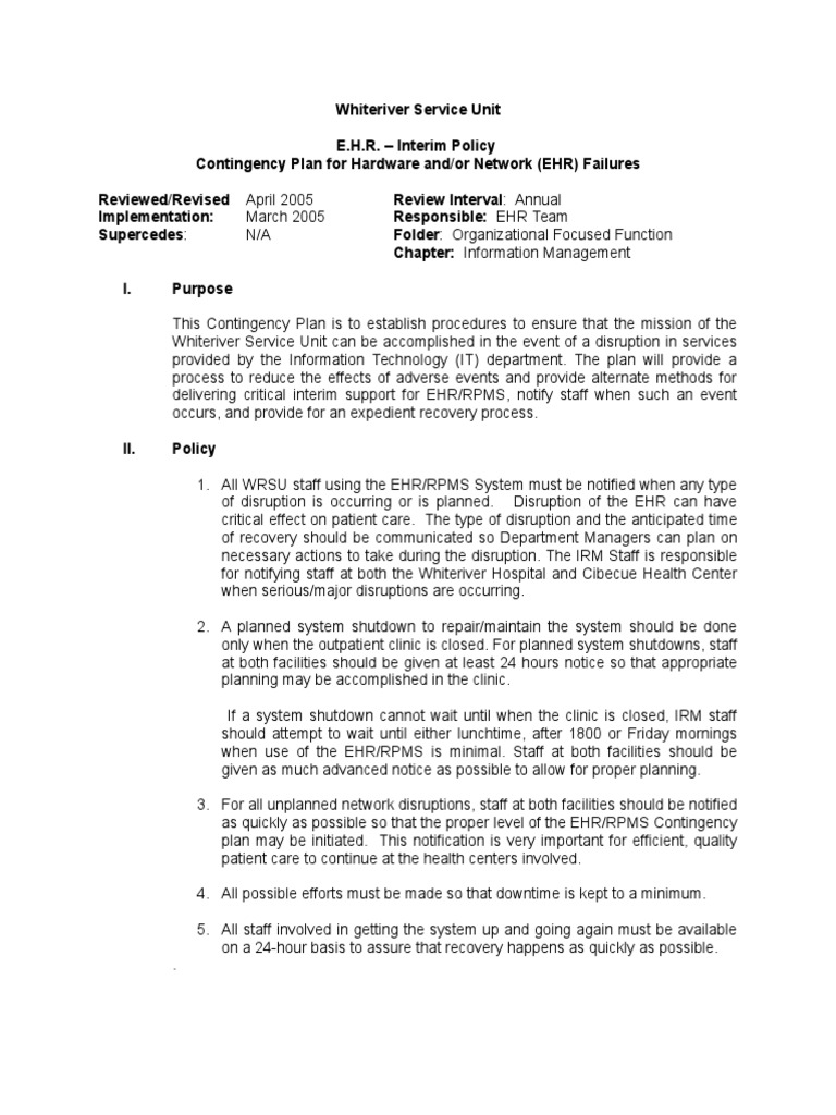 Contingency Plan For Hardware and or EHR Failure Whiteriver | PDF ...
