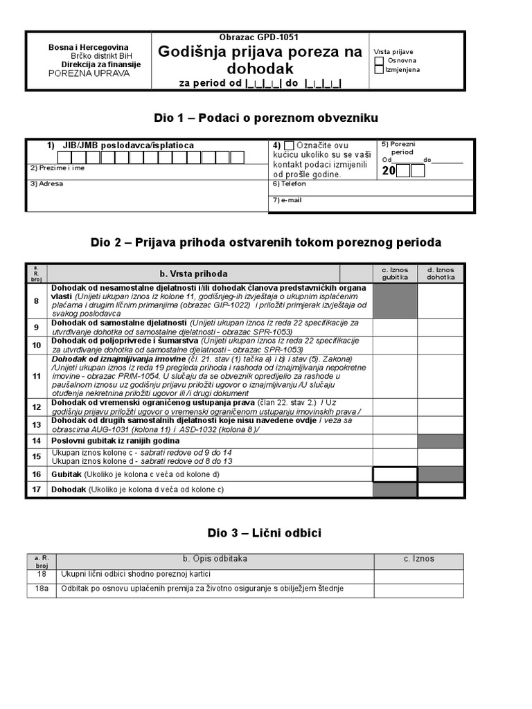 DFPU Obrazac GPD 1051 Godisnja - Prijava - Poreza - Na - Dohodak 1 B | PDF
