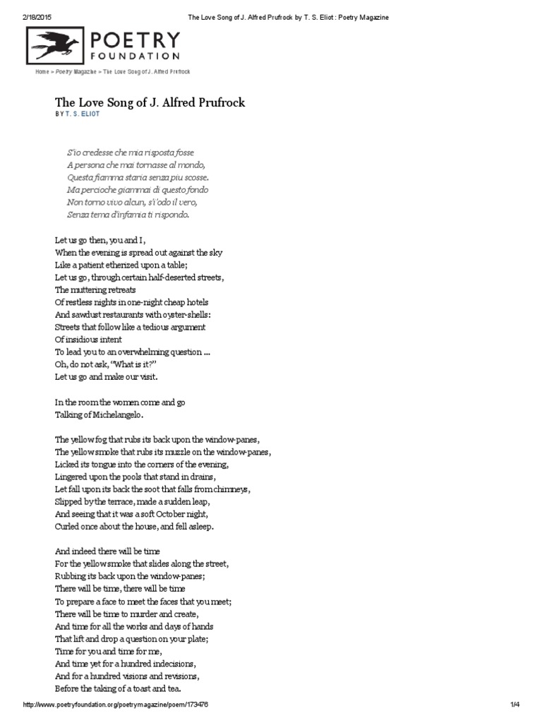 The Love Song of J Alfred Prufrock by T S Eliot | PDF | Poetry