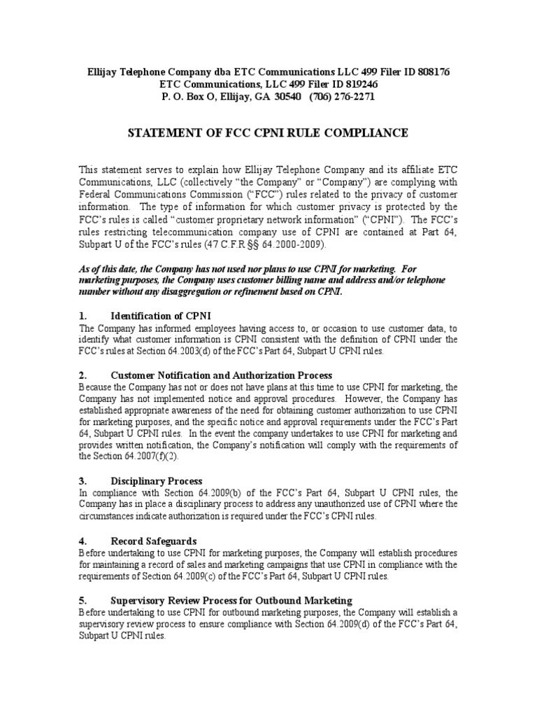 2014-FCC-CPNI Compliance Statement | PDF | Customer Proprietary Network ...