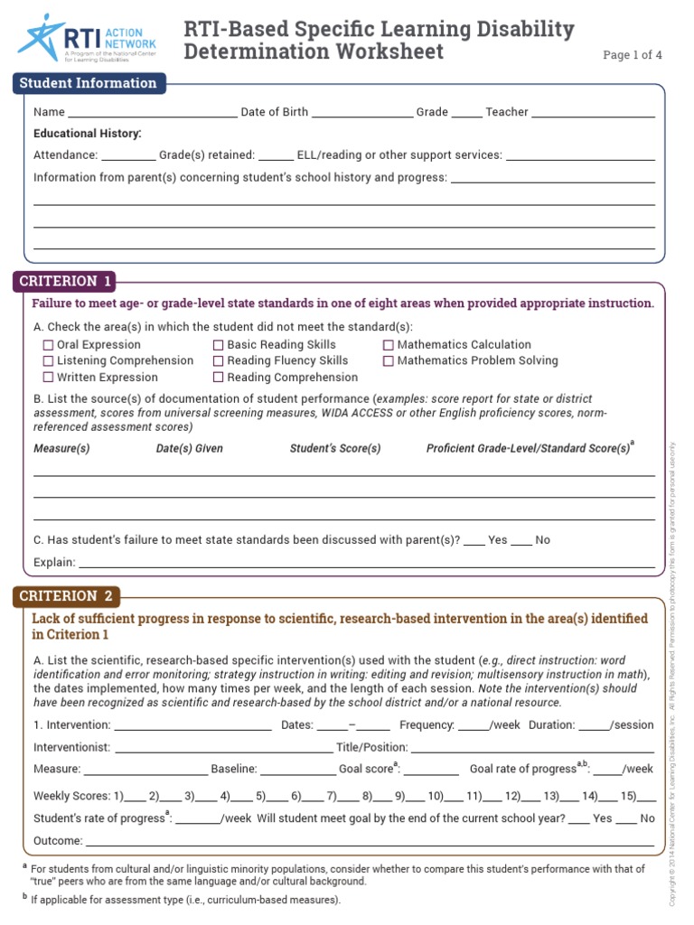 Rti-Based SLD Determination Worksheet | PDF | Learning Disability ...