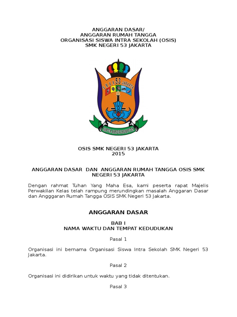Contoh AD ART OSIS SMK Negeri 53 Jakarta | PDF