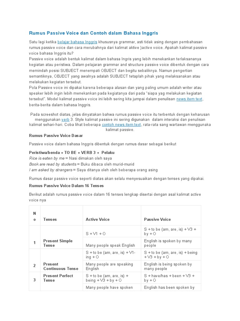 Rumus Passive Voice Dan Contoh Dalam Bahasa Inggris | PDF | Bahasa ...