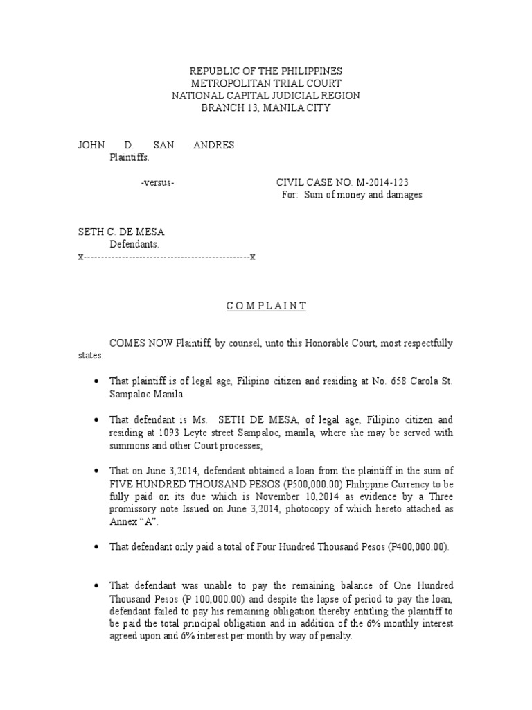 Republic of The Philippines | PDF | Summons | Complaint