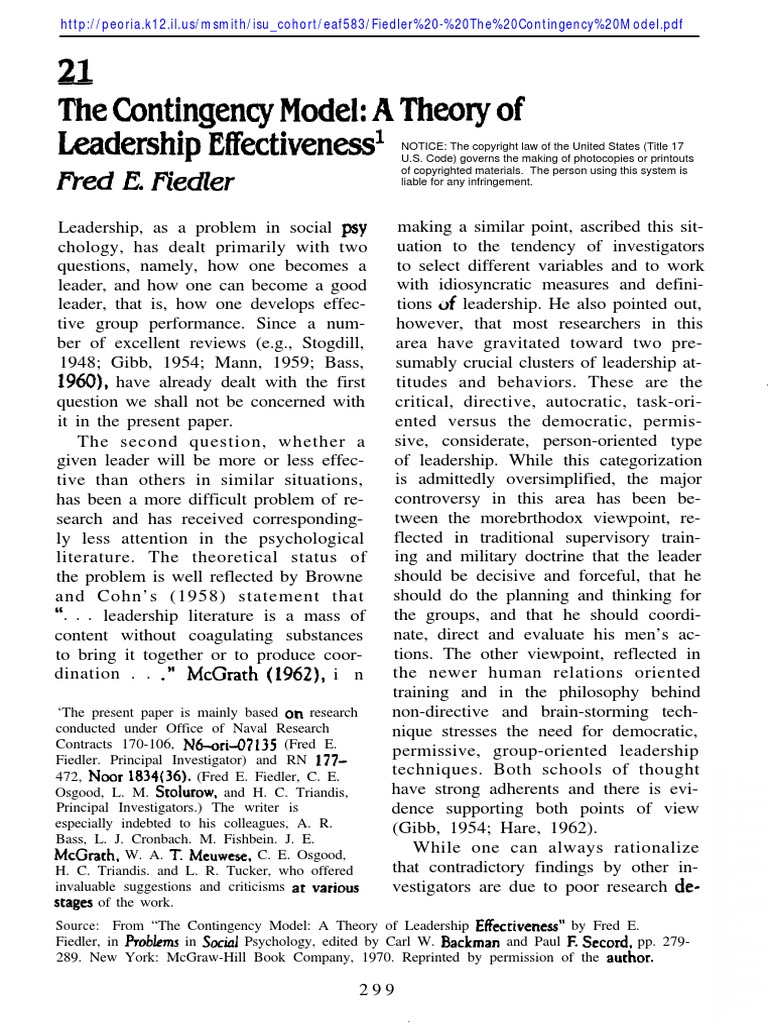 Fiedler - The Contingency Model | PDF | Leadership | Behavioural Sciences