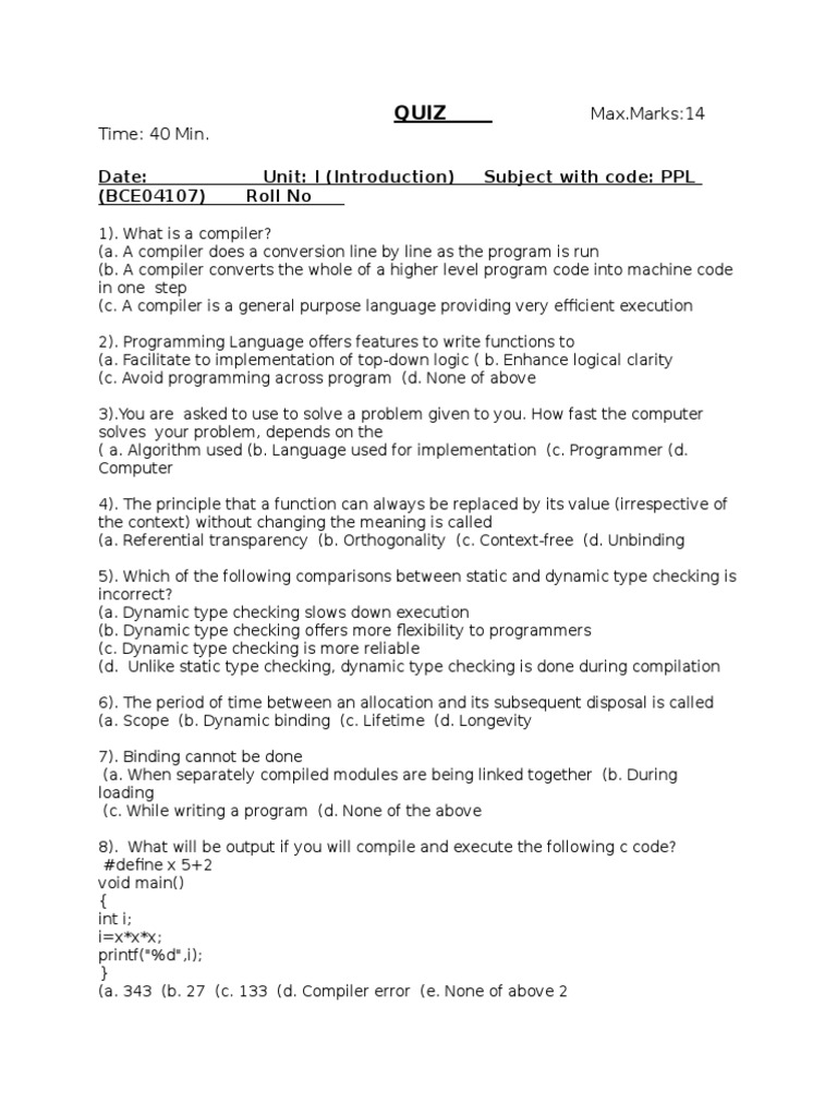 PPL Quiz | PDF | C (Programming Language) | Programming Language