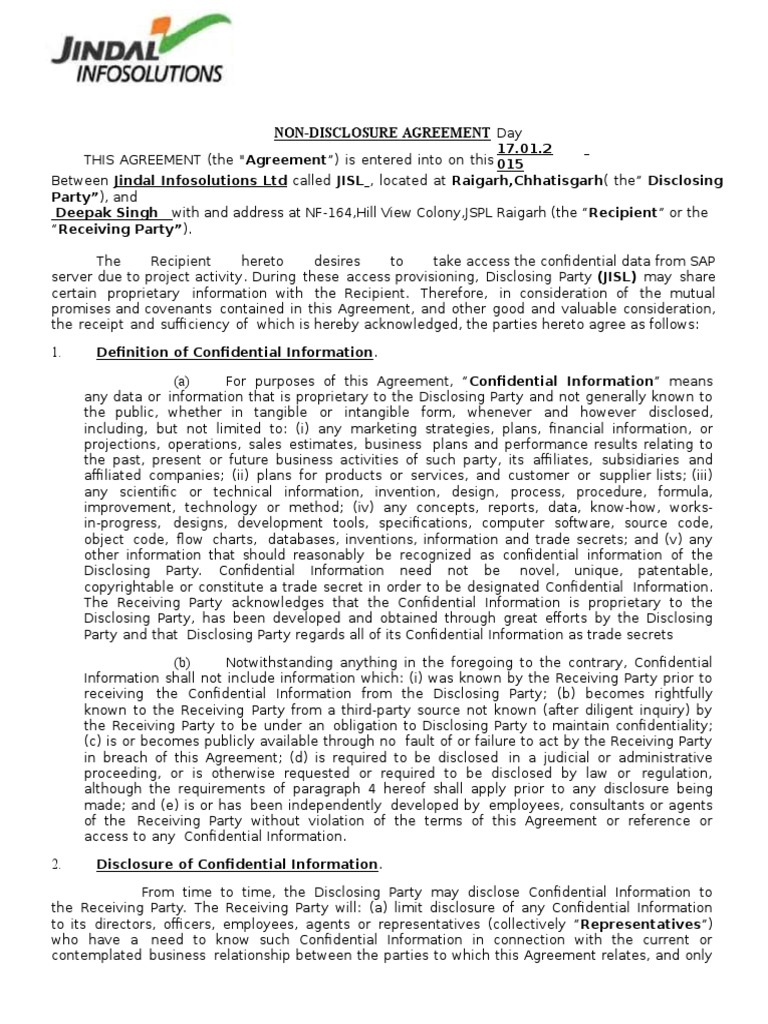 NDA format | Non Disclosure Agreement | Confidentiality