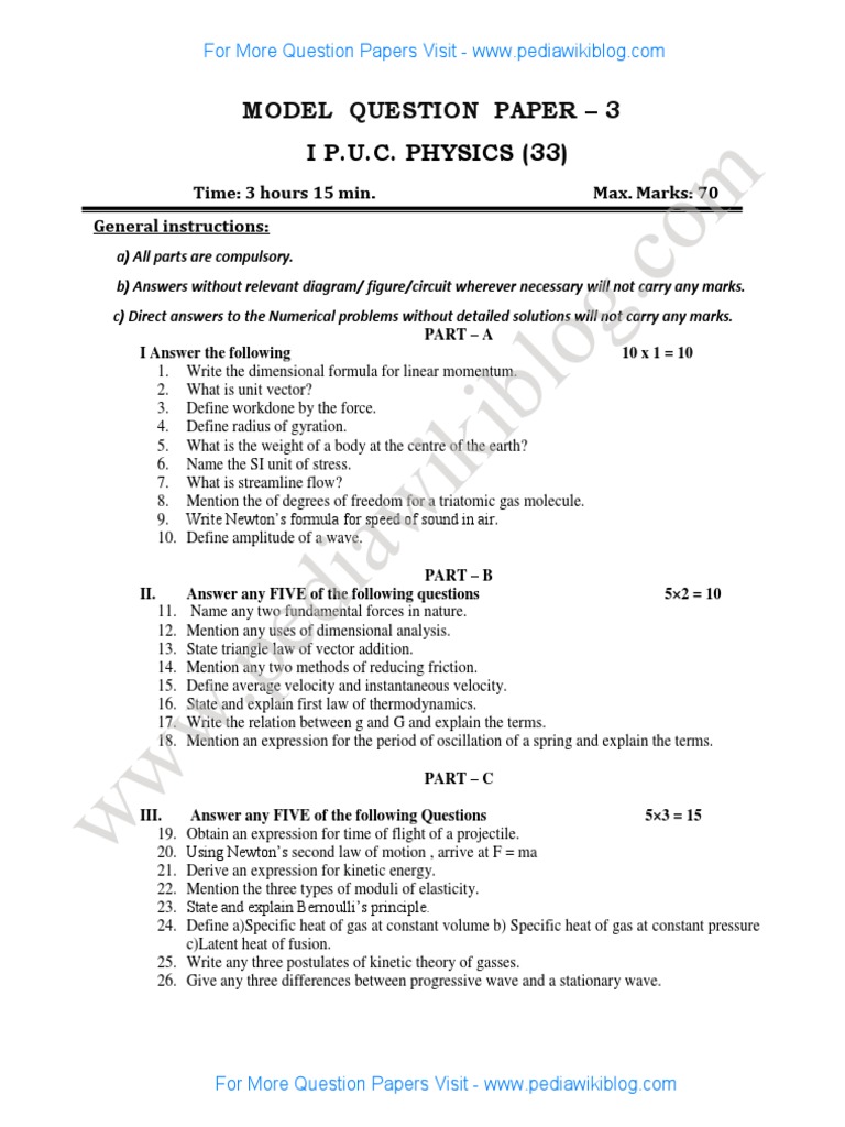 1st PU Physics Model QP 3.pdf | Velocity | Friction