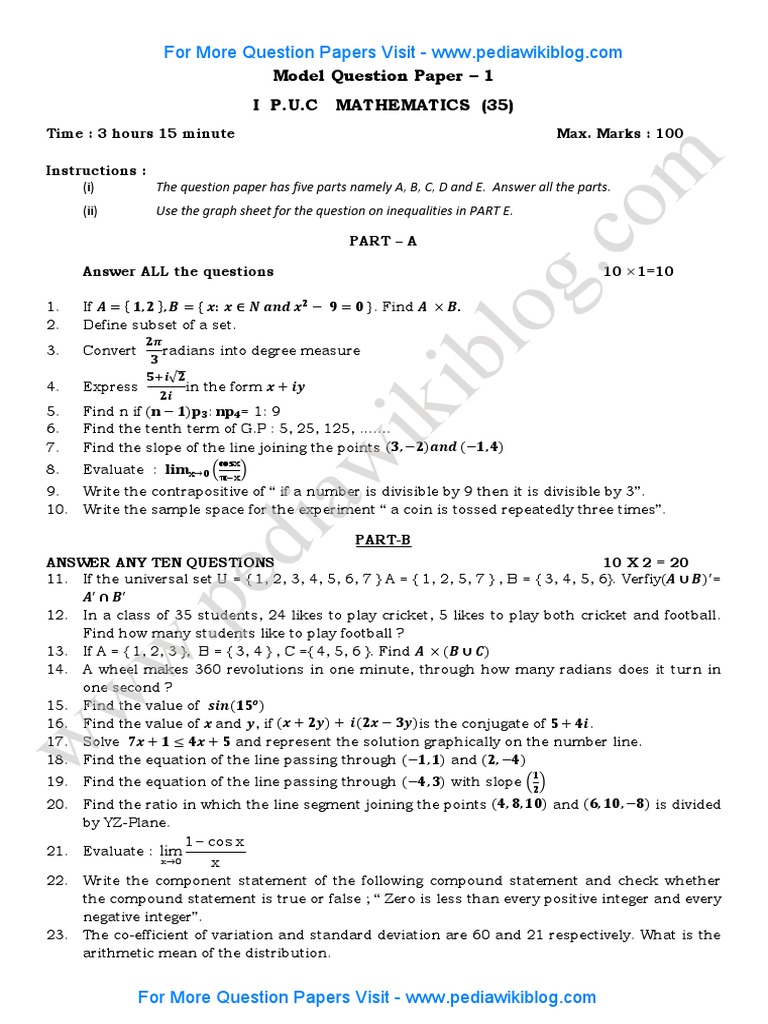 1st PUC Maths Model Question Paper | PDF | Line (Geometry ...
