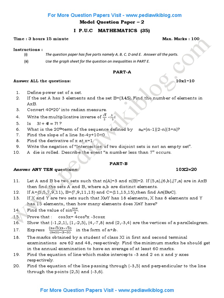 1st PUC Maths Model QP 2 PDF | PDF | Line (Geometry) | Function (Mathematics)