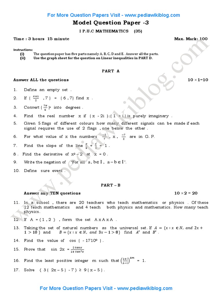 1st PUC Maths Model QP 3 | PDF | Triangle | Trigonometric Functions