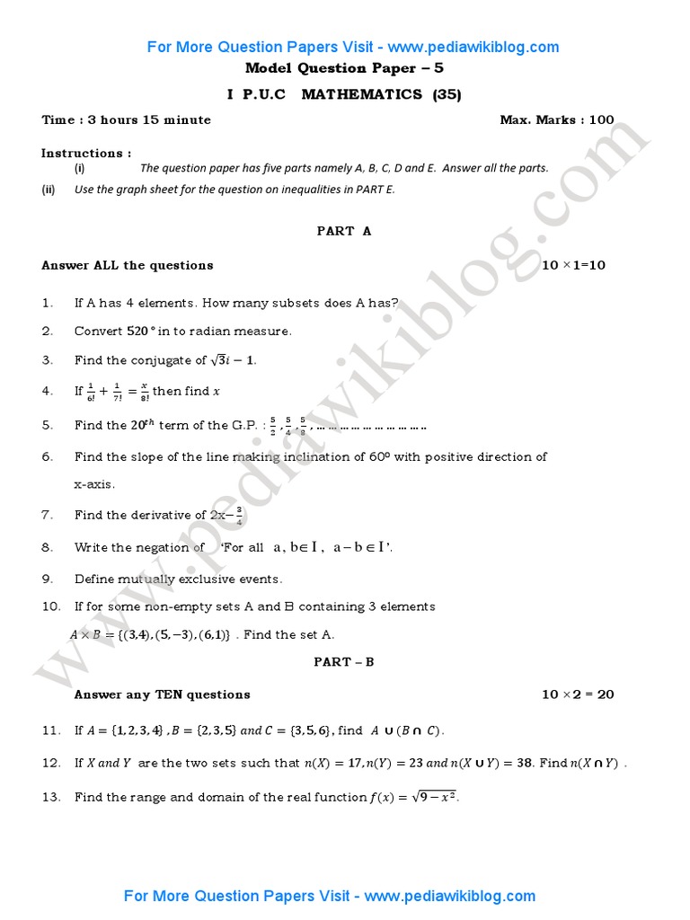 1st PUC Maths Model QP 5 PDF | PDF | Function (Mathematics) | Complex ...