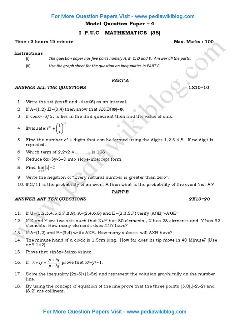1st PUC Maths Model QP 4 PDF | PDF | Trigonometric Functions | Sine
