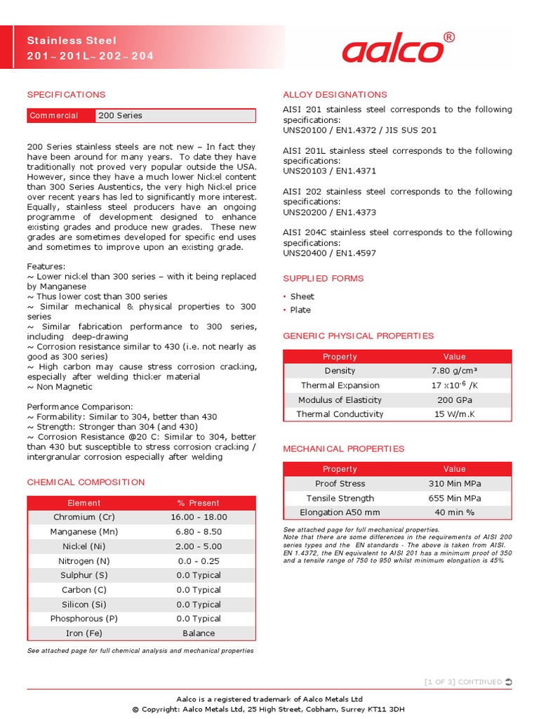 Aalco Metals LTD Stainless Steel 201201L202204 97 | PDF | Stainless ...