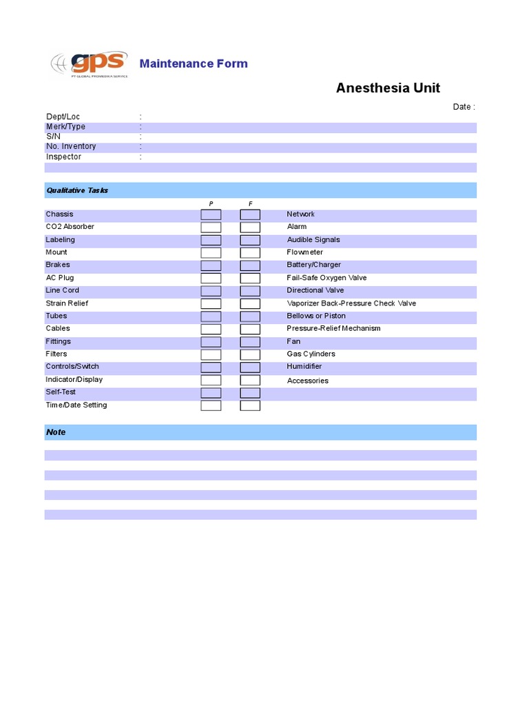 Anesthesia Unit Maintenance Checklist | PDF