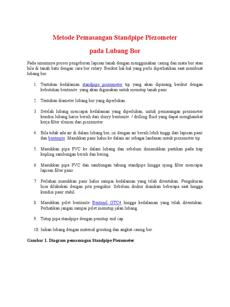 Metode Pemasangan Standpipe Piezometer | PDF