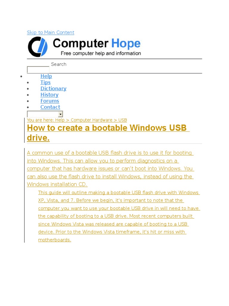 How To Create A Bootable Windows USB Drive.: Help Tips Dictionary History Forums Contact | PDF
