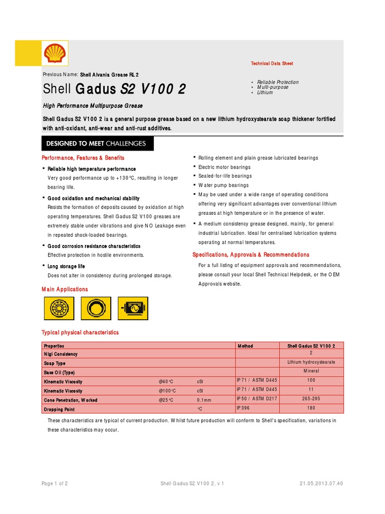 Shell Gadus S2 V100 2 (Ur-PK) TDS | PDF | Motor Oil | Chemistry