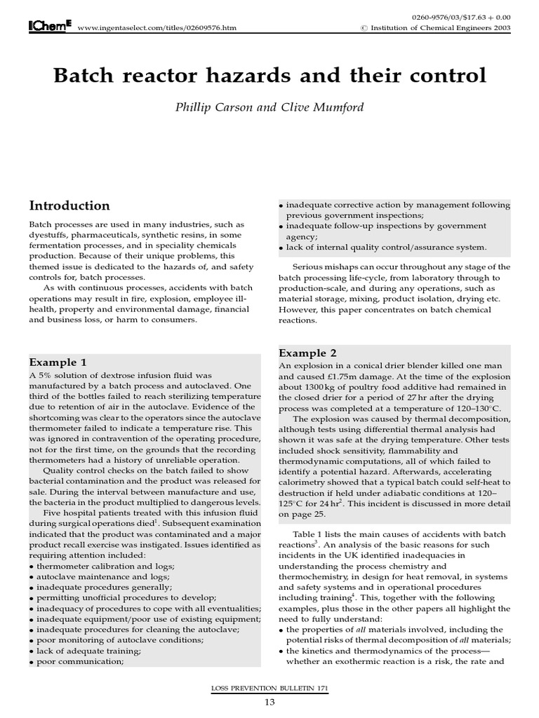 Batch Reactor Hazards | PDF | Chemical Reactor | Chemical Reactions