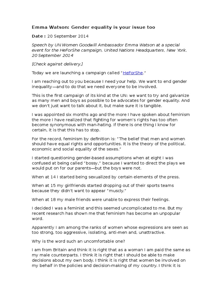 He For She Speech (WATSON) | PDF | Equality Rights | Woman