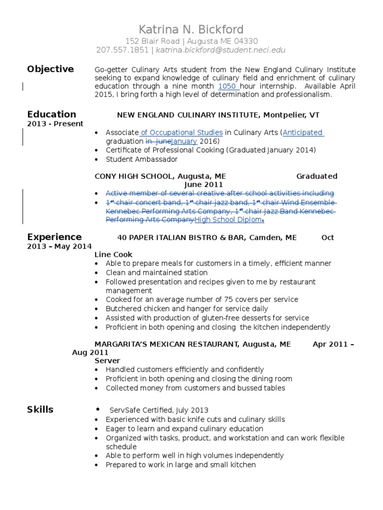 Culinary Arts Student Internship Resume | PDF | Cooking, Food & Wine ...