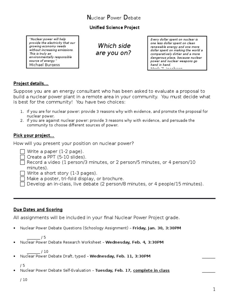 Nuclear Power Debate Project Guide | PDF | Nuclear Power | Rubric ...