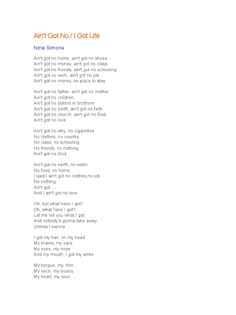 Nina Simone's "Ain't Got No" Lyrics | PDF