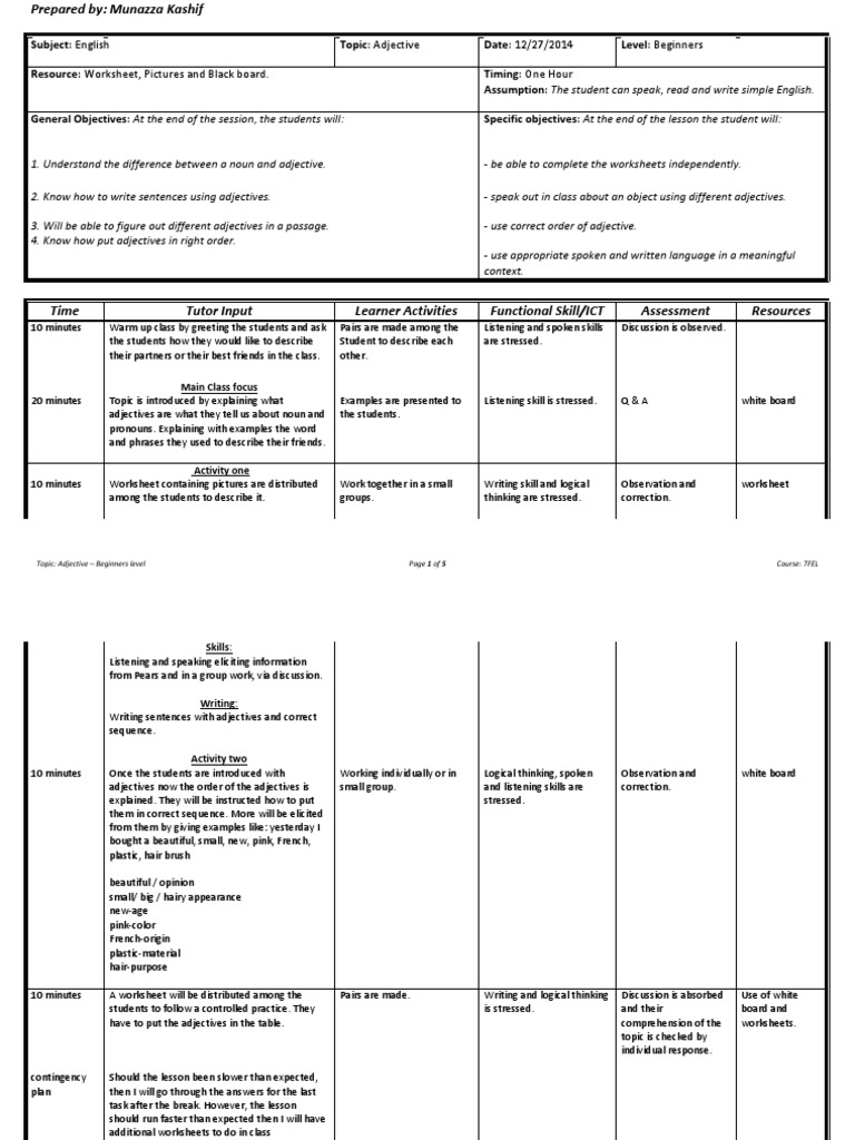 Beginner Adjective Lesson Plan | PDF | English Language | Adjective