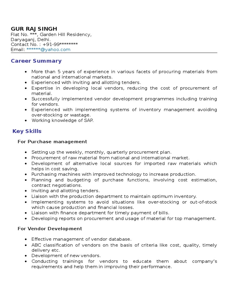 Sample CV For Purchase Manager | PDF | Procurement | Economies