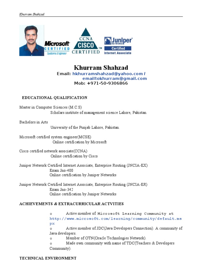 CV Khurram Shahzad Network | PDF | Cisco Certifications | Computer Network