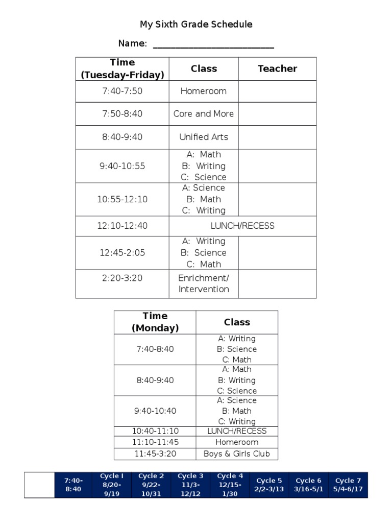Sixth Grade Class Schedule Overview | PDF