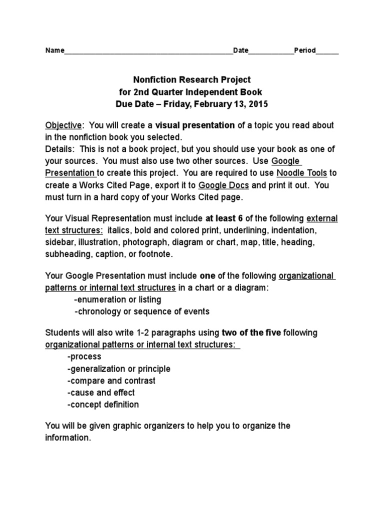 Nonfiction Research Project For 2nd Quarter Independent Book Due Date ...